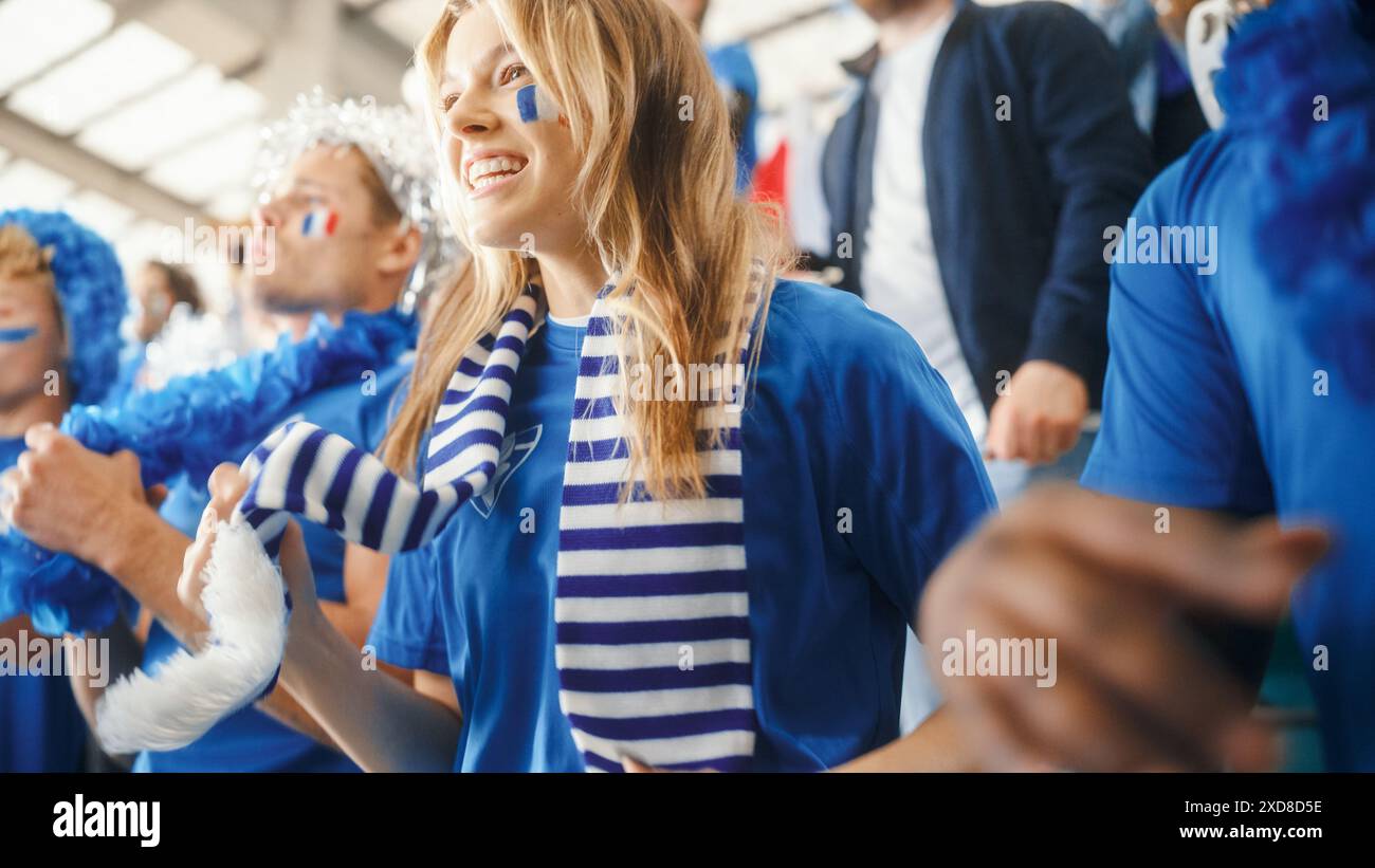 Sport Stadium Big Event: Portrait of Beautiful Sports Fan Girl with ...
