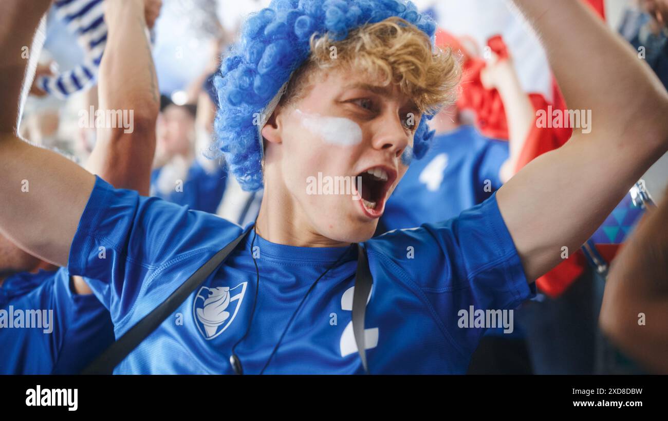 Sport Stadium Big Event: Handsome Caucasian Drummer, Man Cheering ...