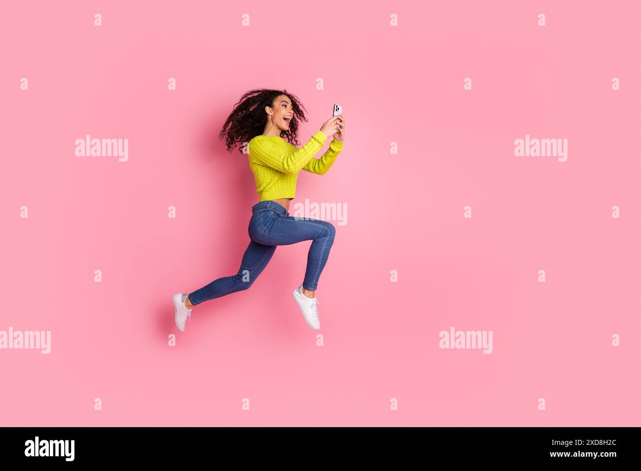 Full body length photo of youth girl wearing jumping trampoline ...