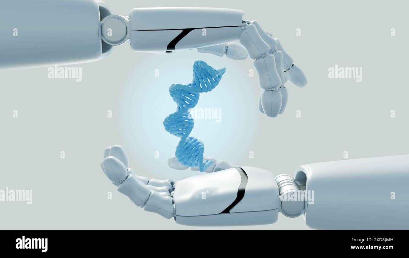3d rendering of robotic hand and a floating DNA helix Stock Photo - Alamy