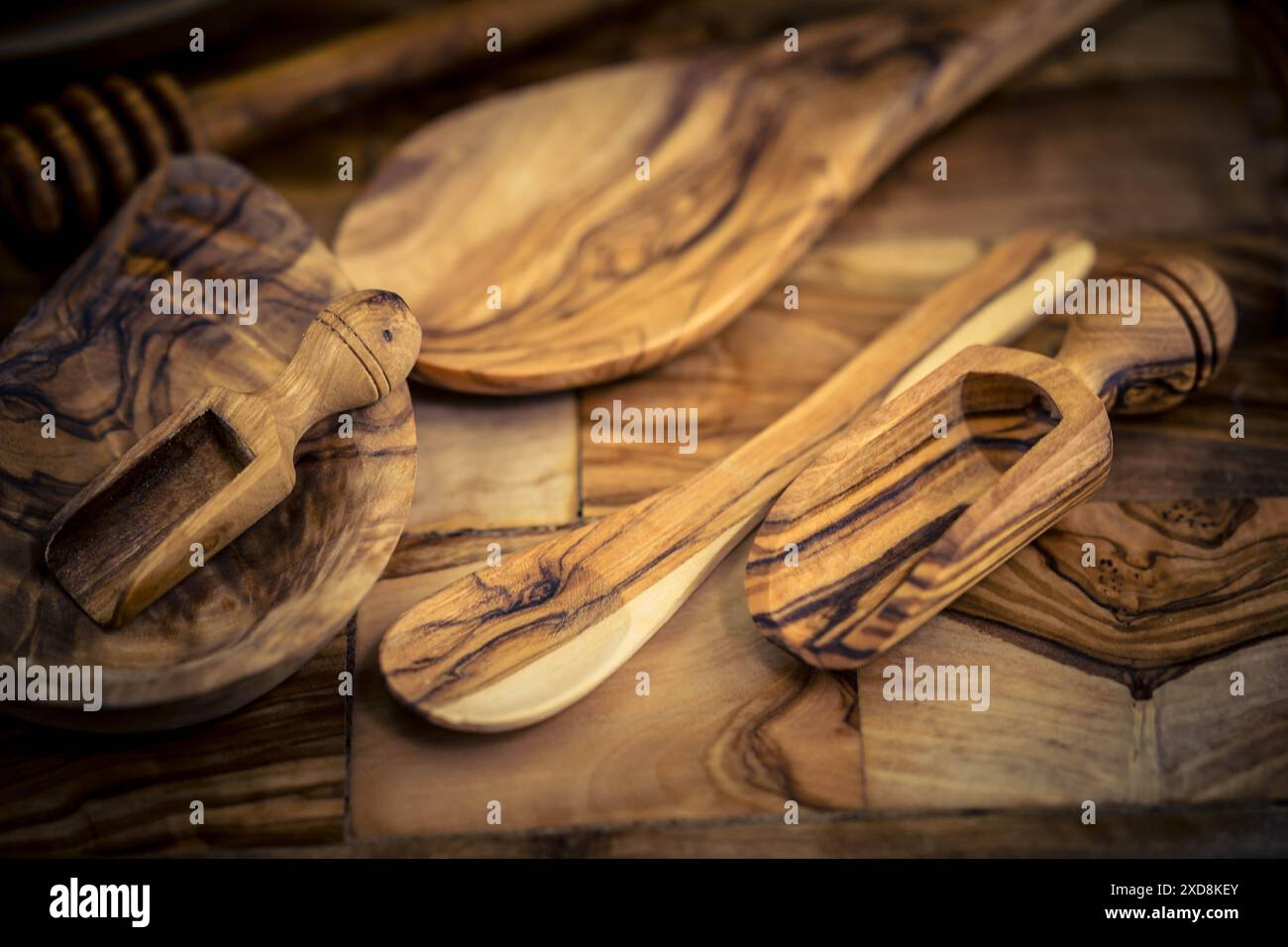 Kitchen Hardware made of olive wood Stock Photo - Alamy