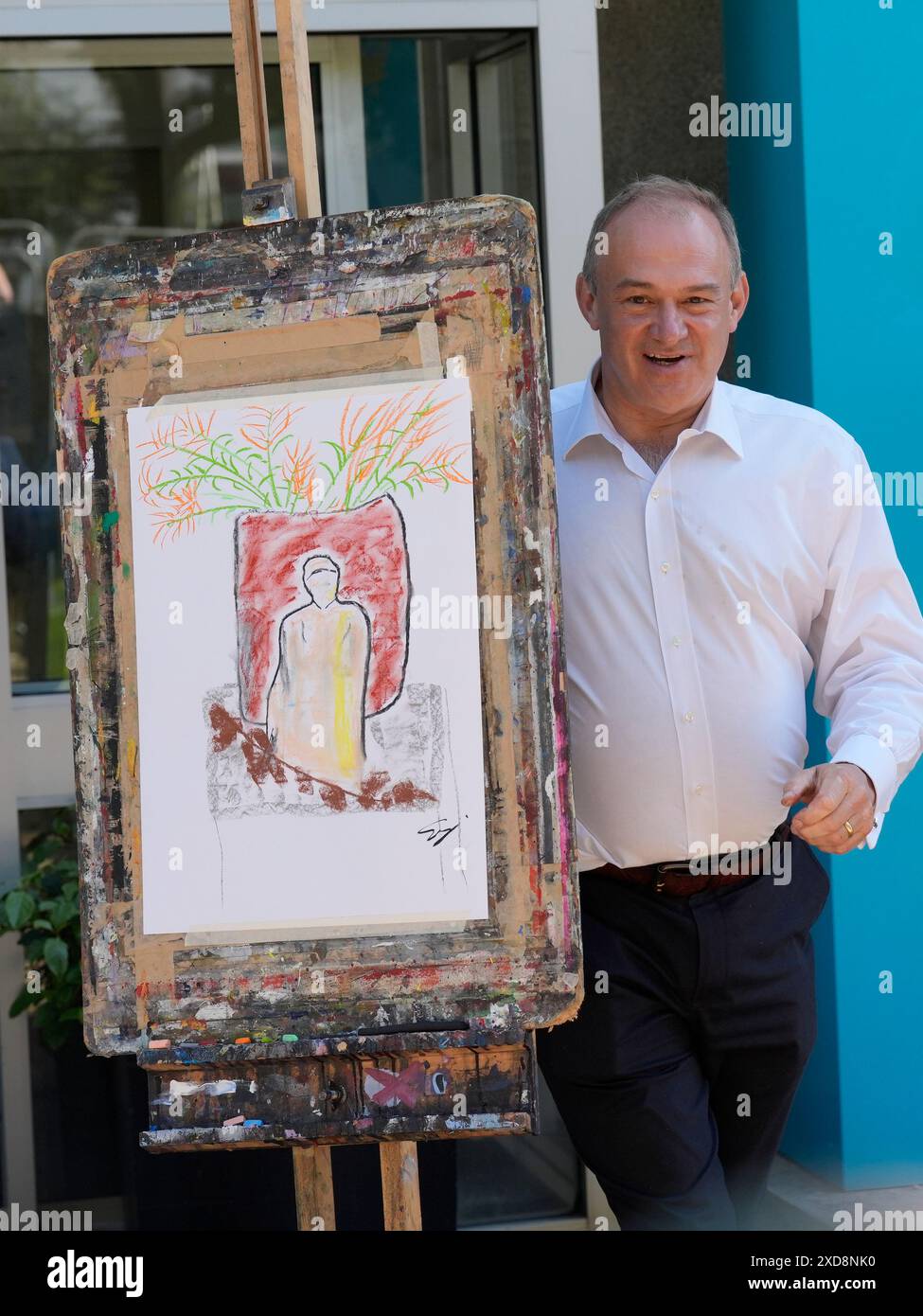 Liberal Democrats leader Sir Ed Davey next to his charcoal on pastel ...