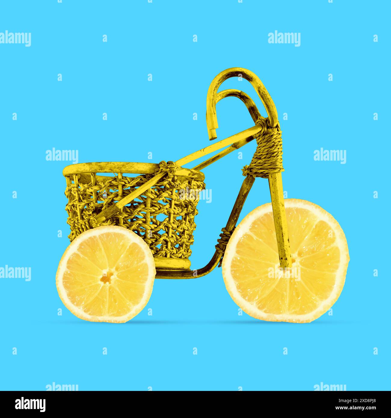 Contemporary art collage. Wheely Good Citrus. Bicycle with a basket ...