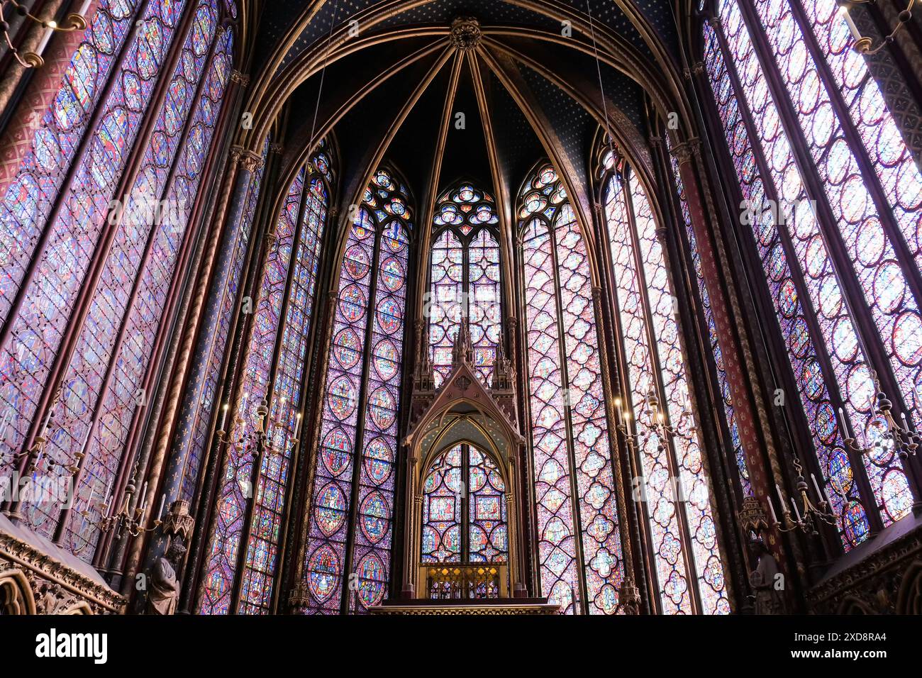Stained glass windows in the upper chapel, towards the apse, in the ...