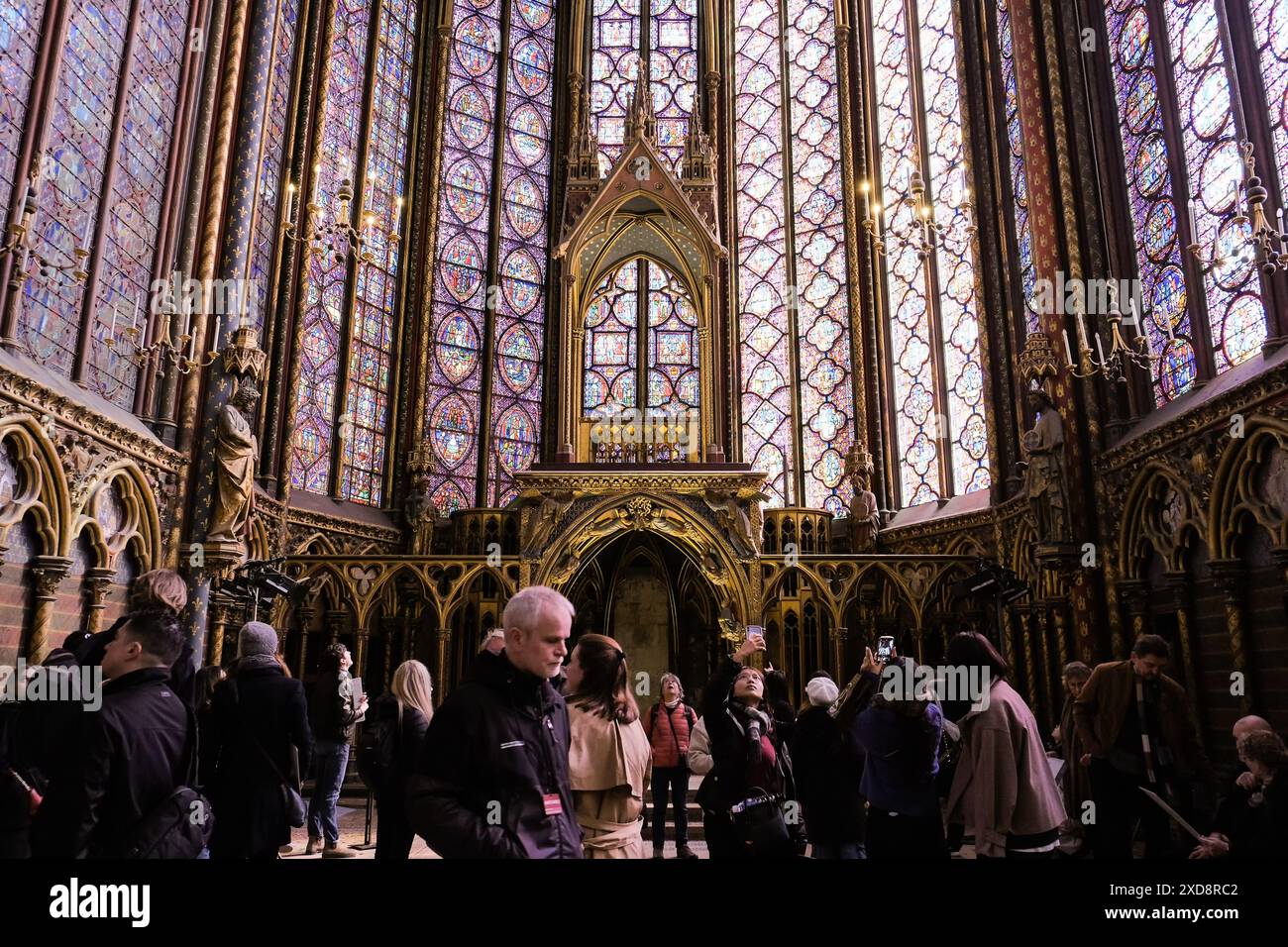 Stained glass windows in the upper chapel, towards the apse, in the ...
