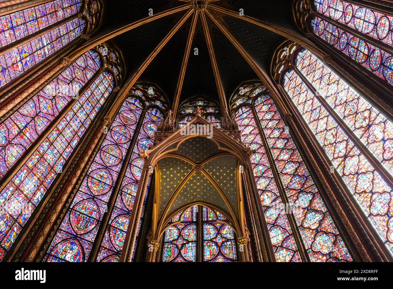 Stained glass windows in the upper chapel, towards the apse, in the ...