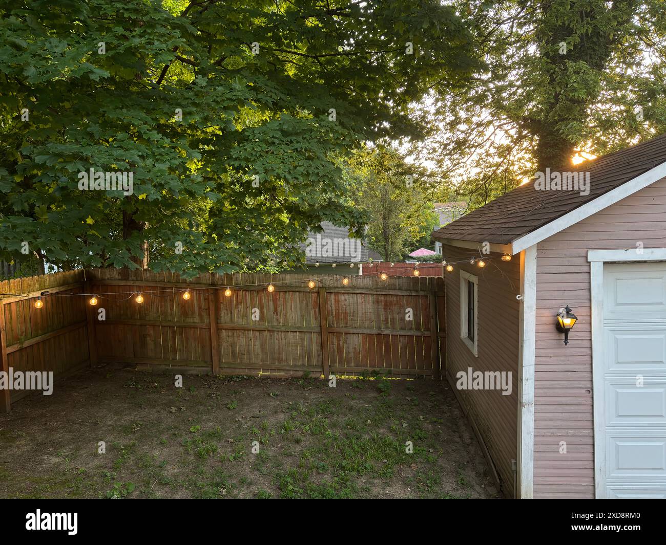 String lights in backyard with wood fence and shed in Cincinnati Stock ...