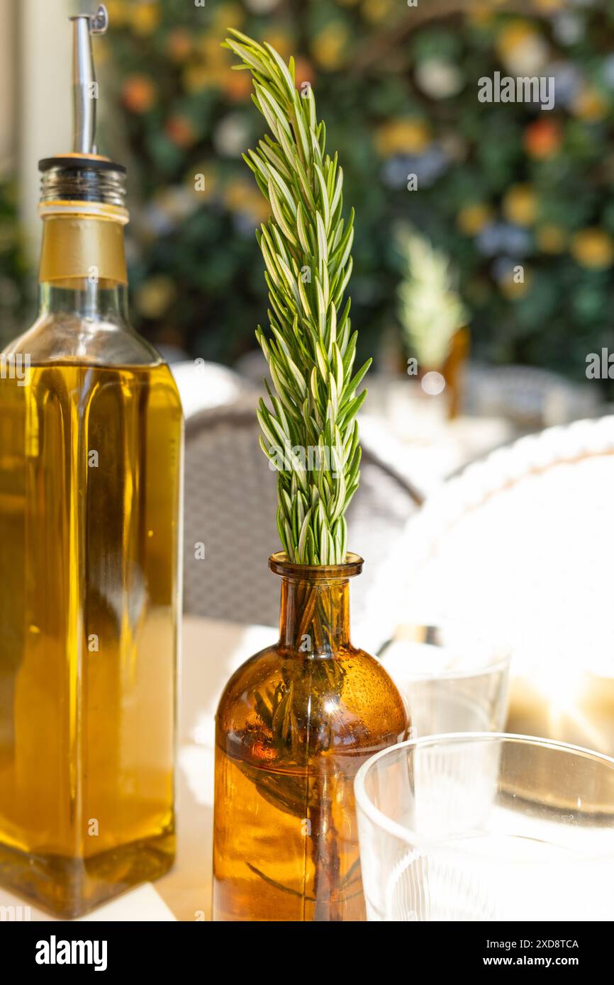 Mediterranean Restaurant Table, Olive, Oil, Vase, Rosemary, Glassware ...