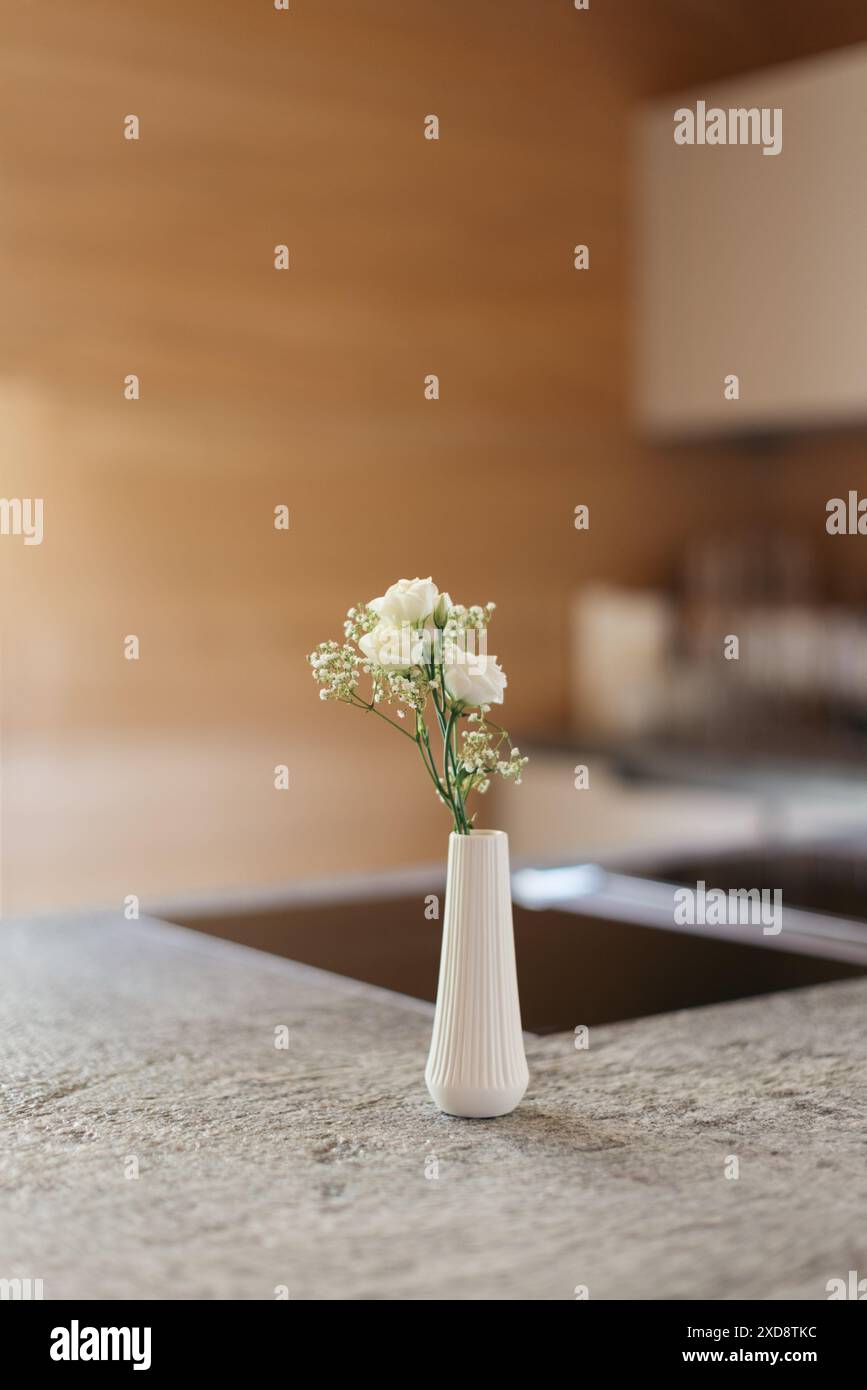 Elegant vase with flowers on a modern kitchen countertop Stock Photo ...
