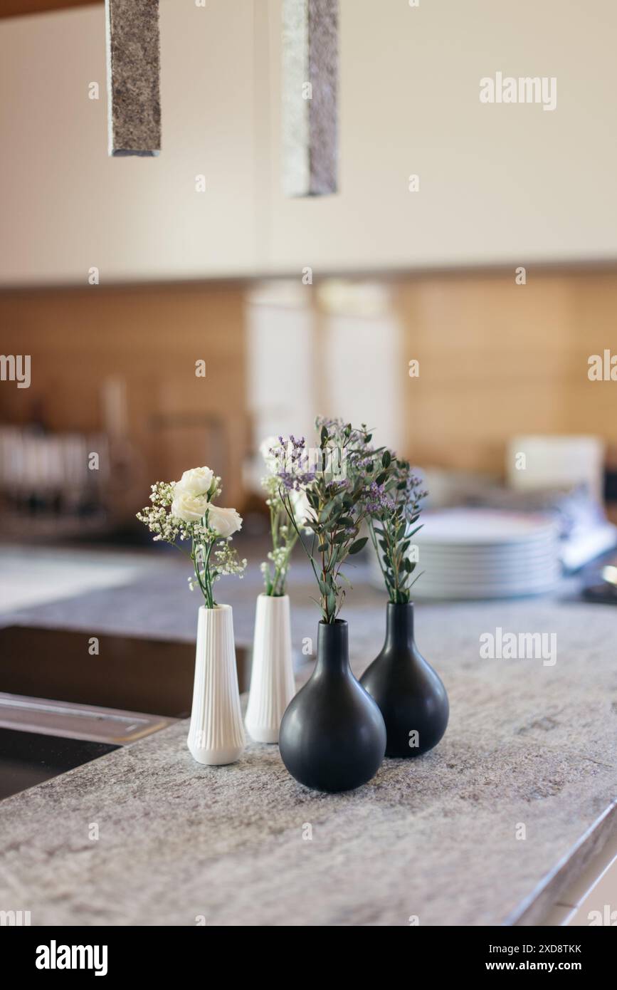 Elegant vases with flowers on a modern kitchen countertop Stock Photo ...