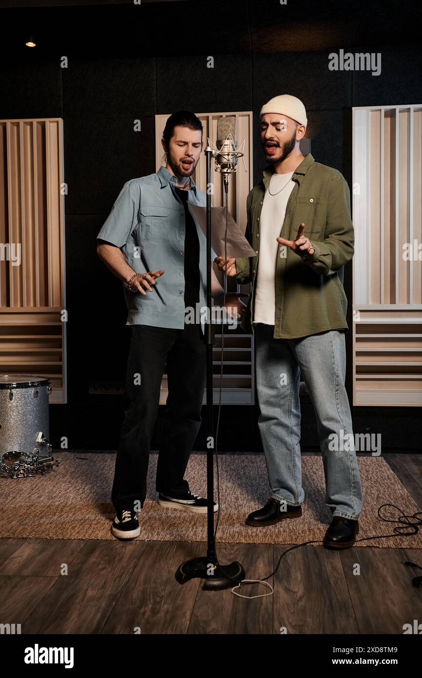 Two men stand before a microphone in a recording studio during a music ...