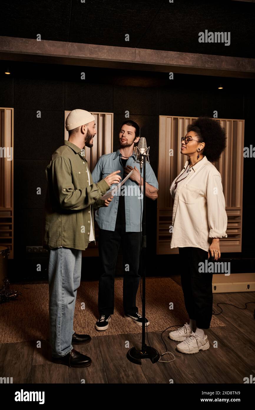 A diverse group of musicians standing in a recording studio during a ...