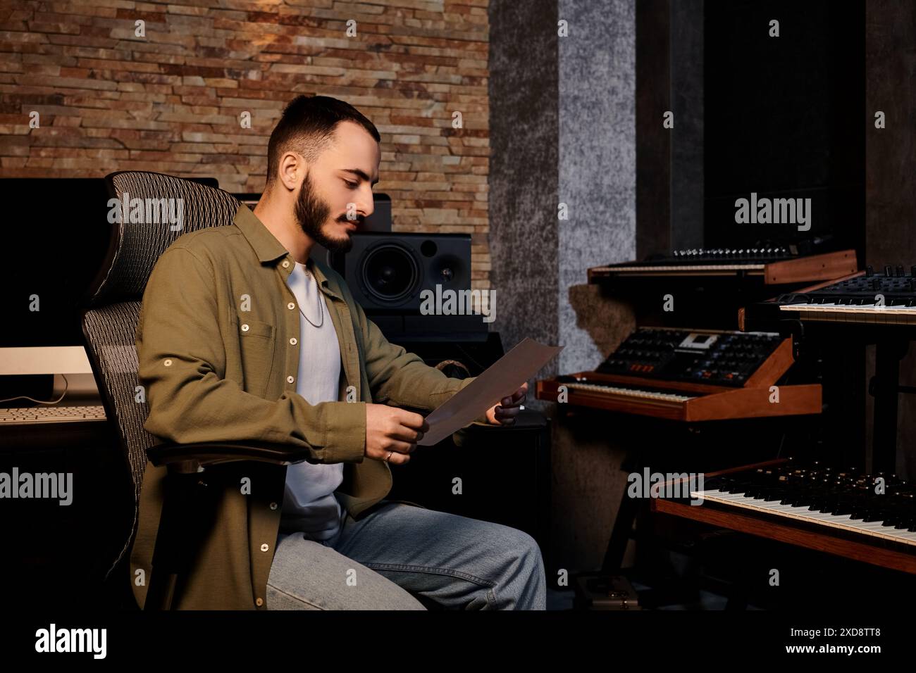 A man sits in front of a keyboard, composing music in a recording ...
