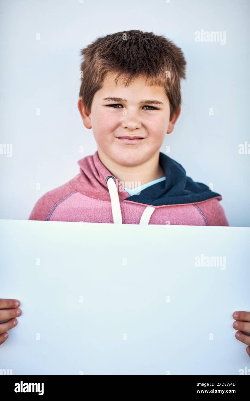 Poster, portrait and boy child with mockup on wall background for ...