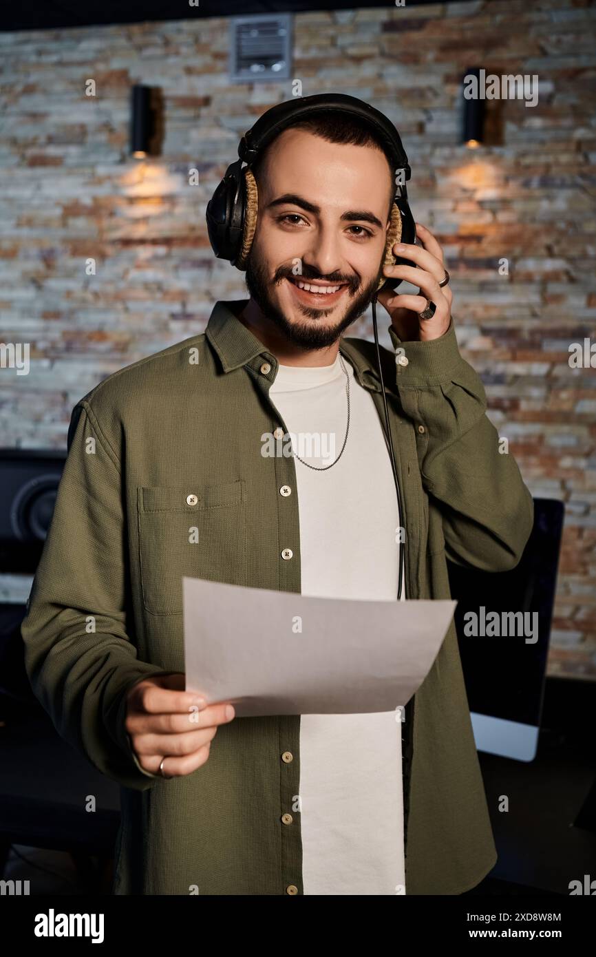Musician in headphones holds sheet music in recording studio before ...