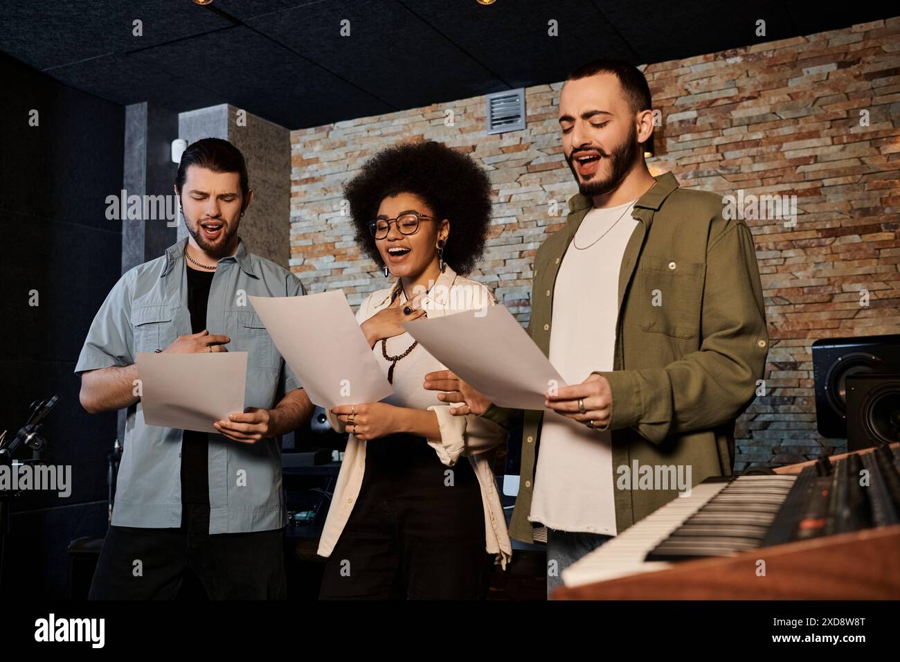 A group of musicians passionately sing together in a recording studio ...