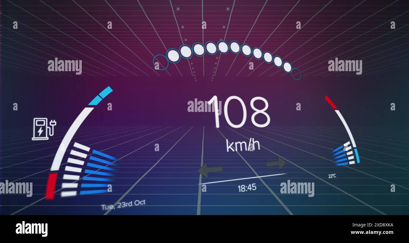 Image of speedometer over grid network against purple gradient ...