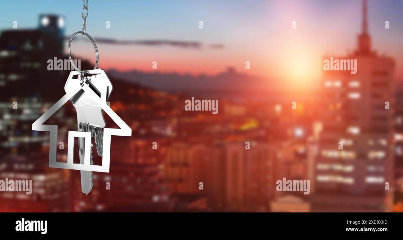 Image of hanging house keys against aerial view of cityscape with tall ...