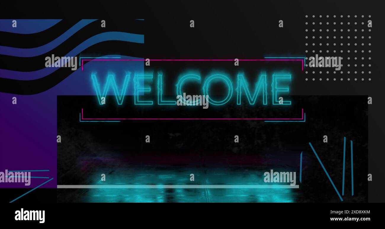 Image of neon blue welcome text banner and abstract shapes against ...