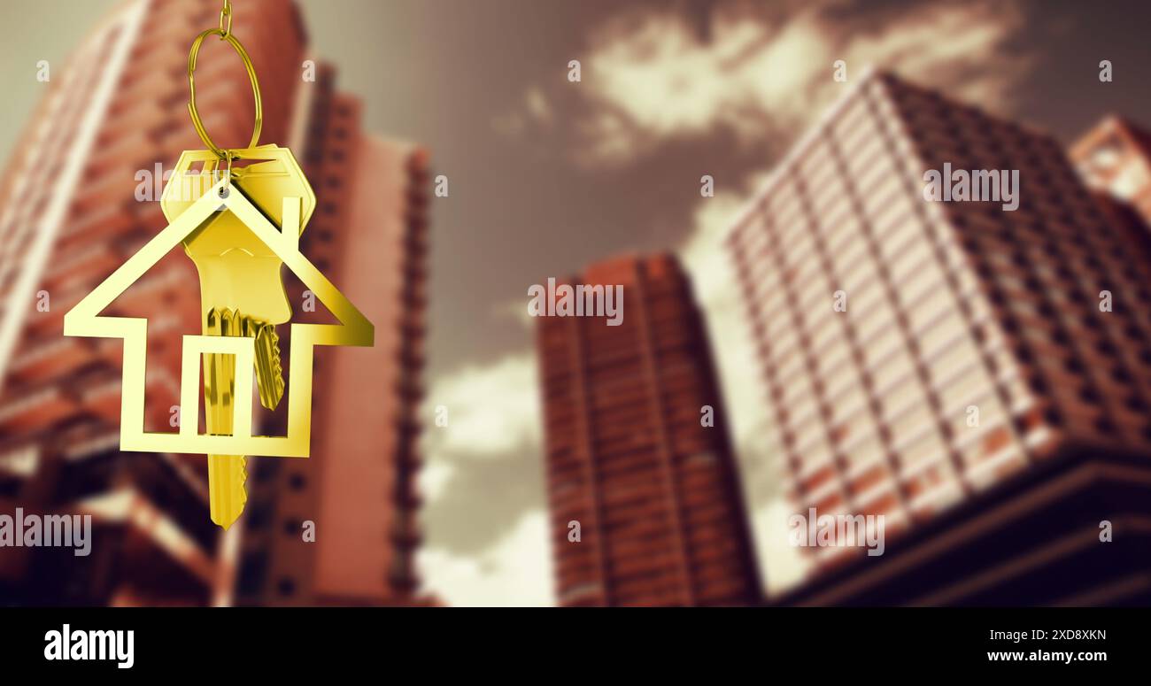 Image of hanging house keys against tall buildings against clouds in ...