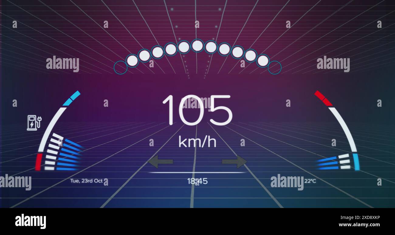 Image of speedometer over grid network against purple gradient ...