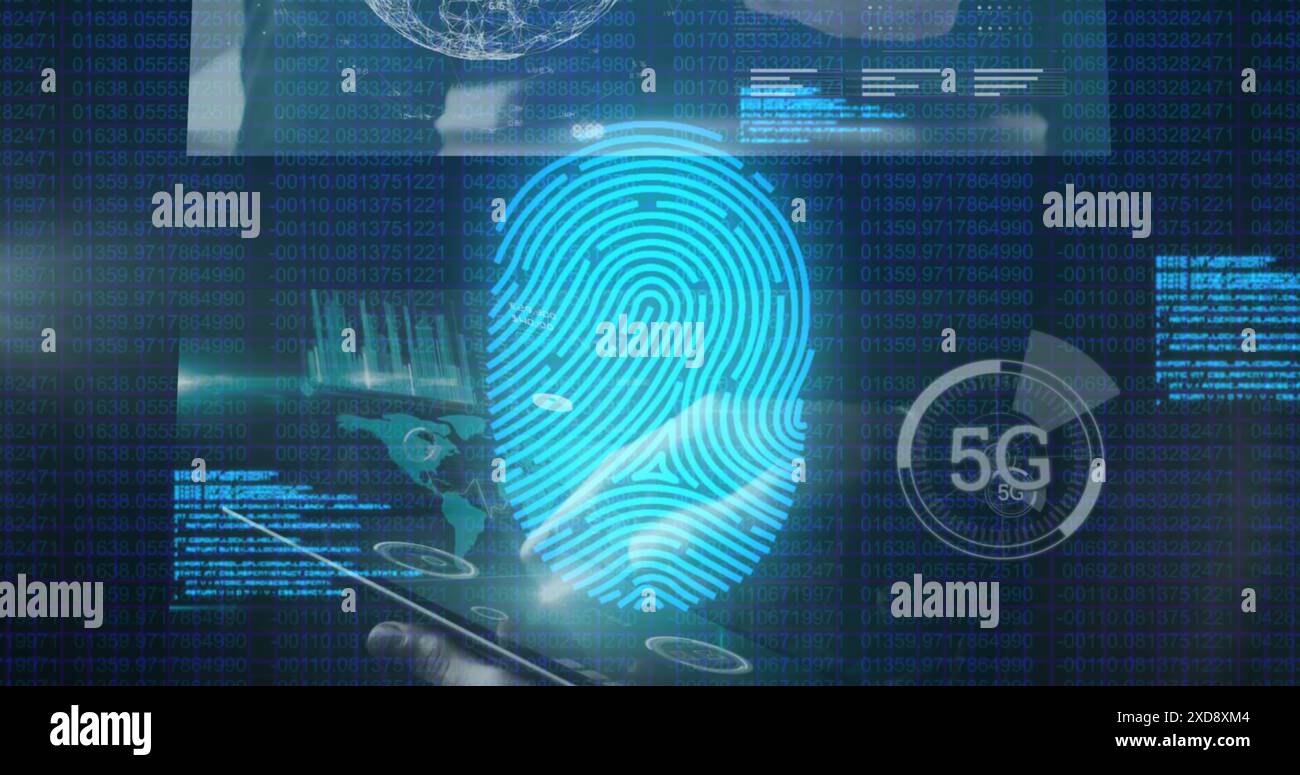 Image of fingerprint scanning with multiple hud screens, computer language over binary codes ...