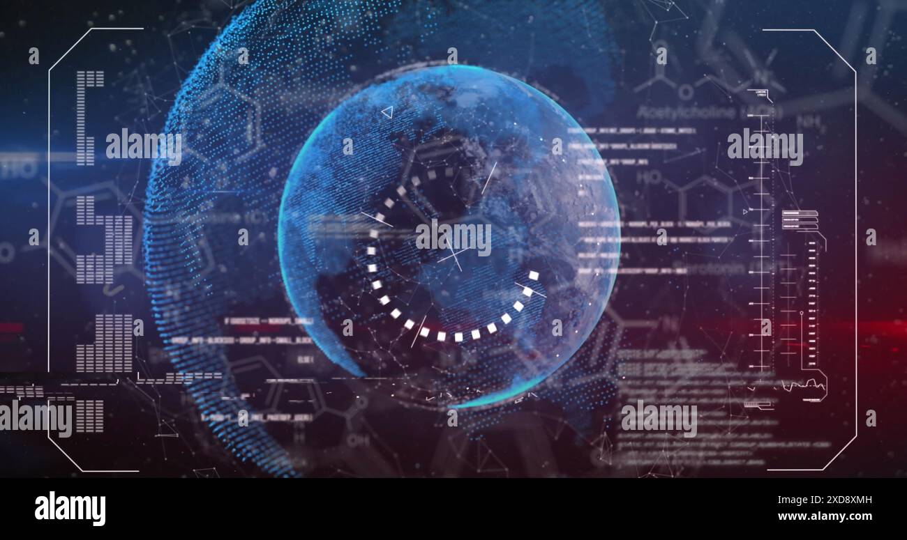 Image of globes with connected dots and screens with computer language ...