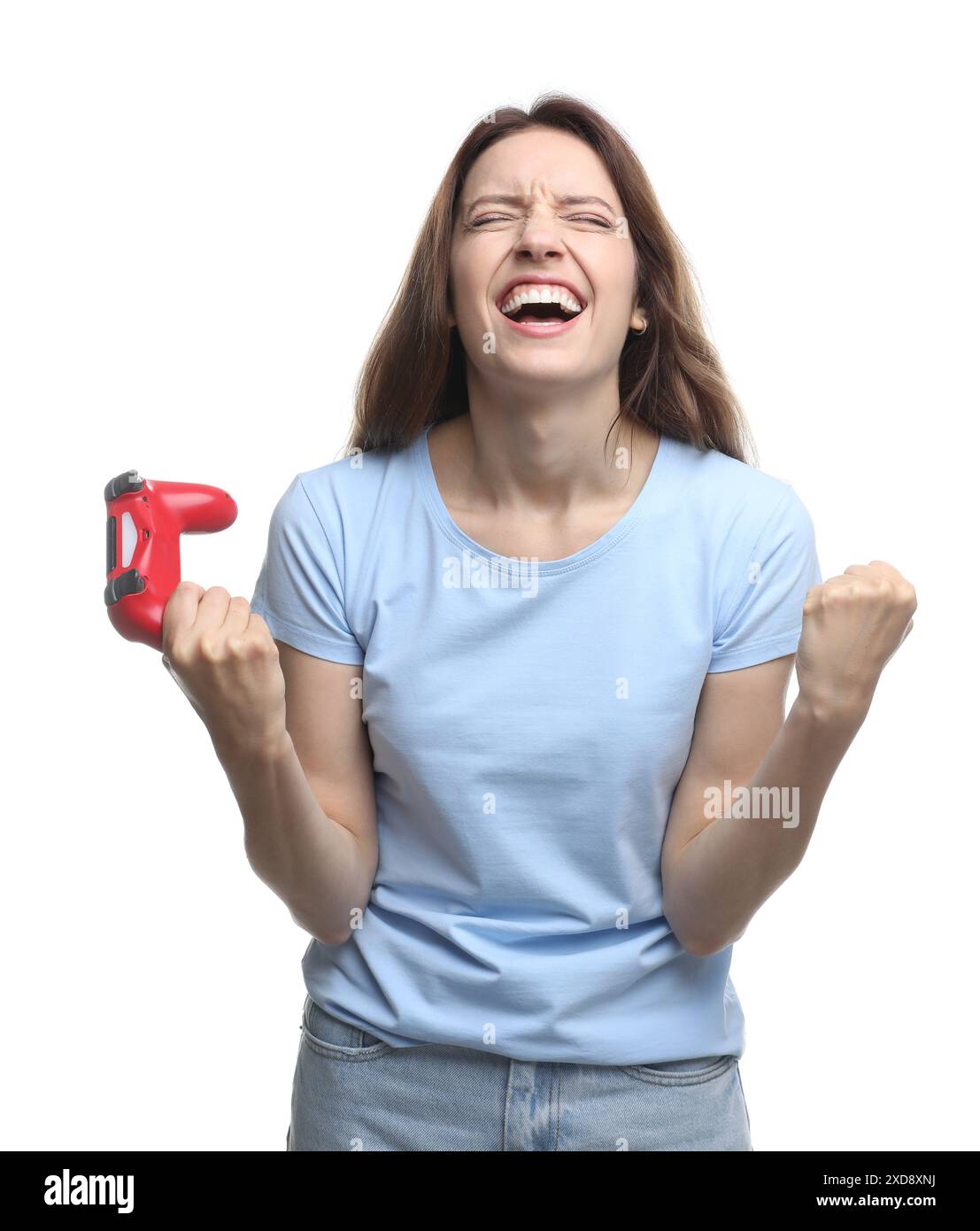 Happy woman with game controller on white background Stock Photo - Alamy