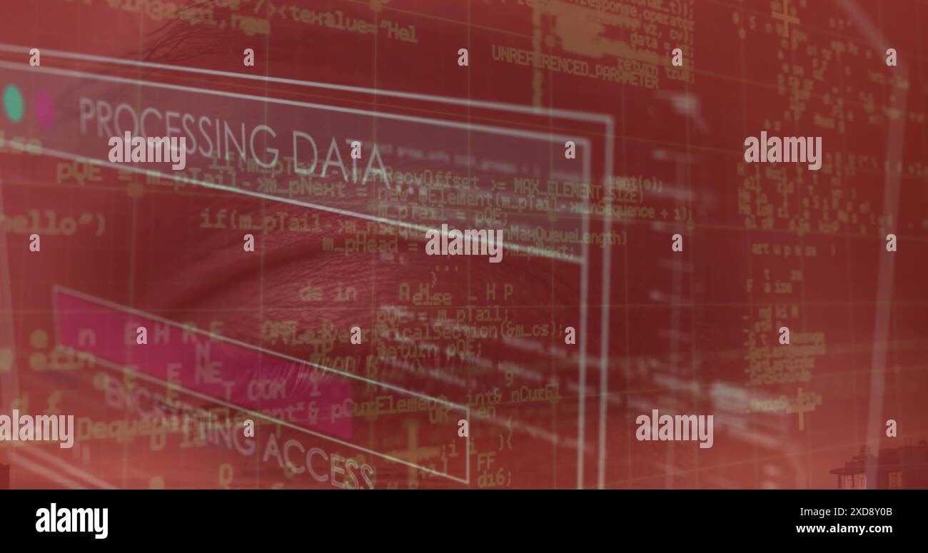 Image of interface with data processing against close up of a female ...