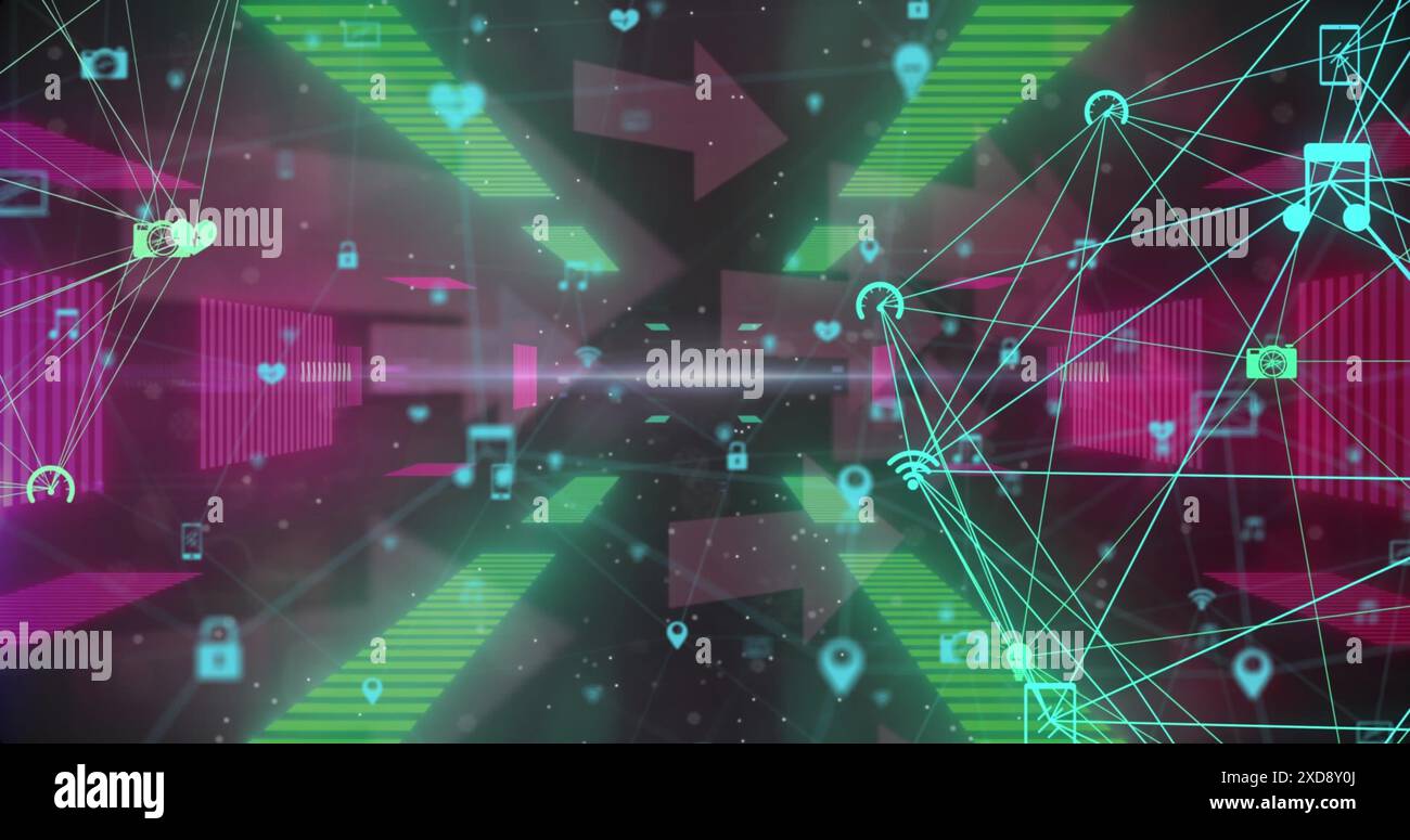 Image of connected icons over illuminated bars forming tunnel against ...