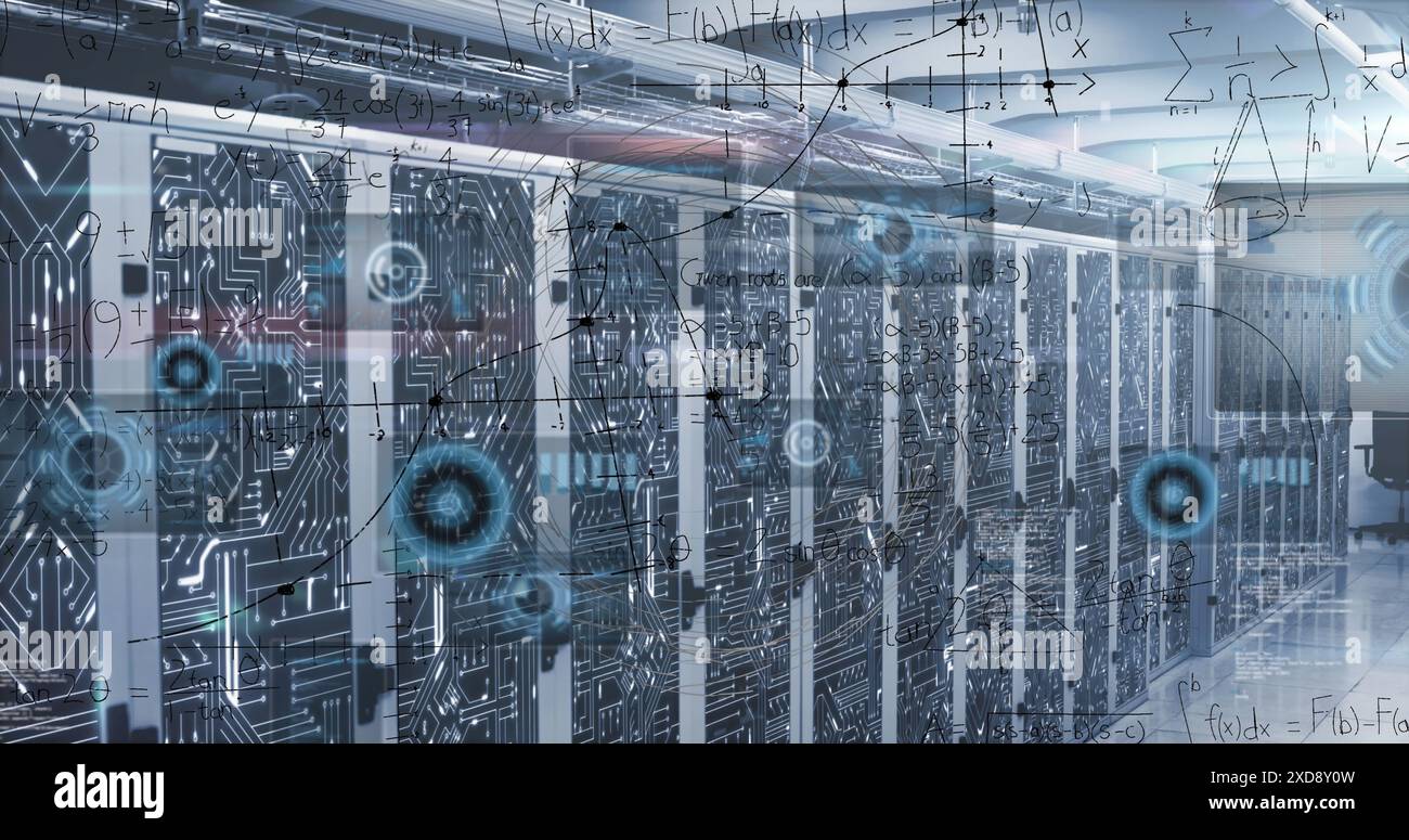Image of round scanners, mathematical equations and microprocessor connections over server room ...