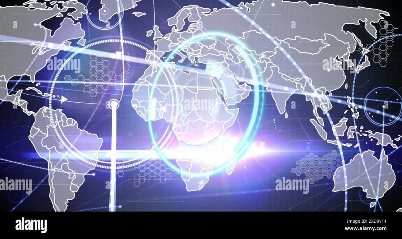 Image of neon round scanner and network of connections against light ...