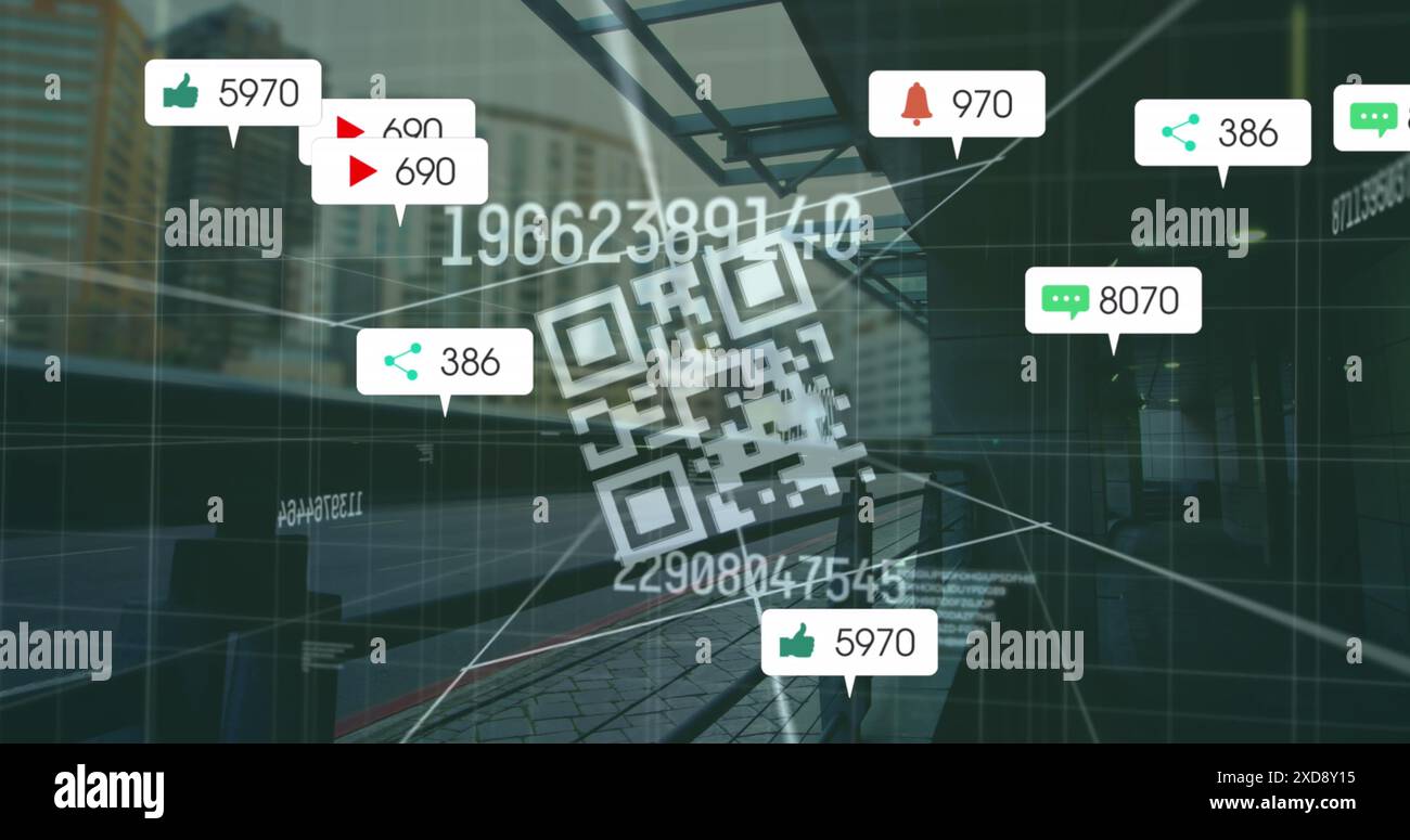 Image of changing numbers, social media icons and qr code scanner ...