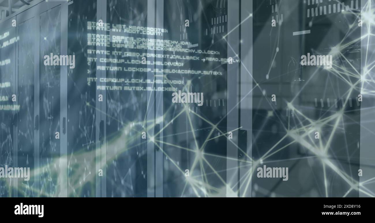 Image of connected dots and computer language over server room in ...