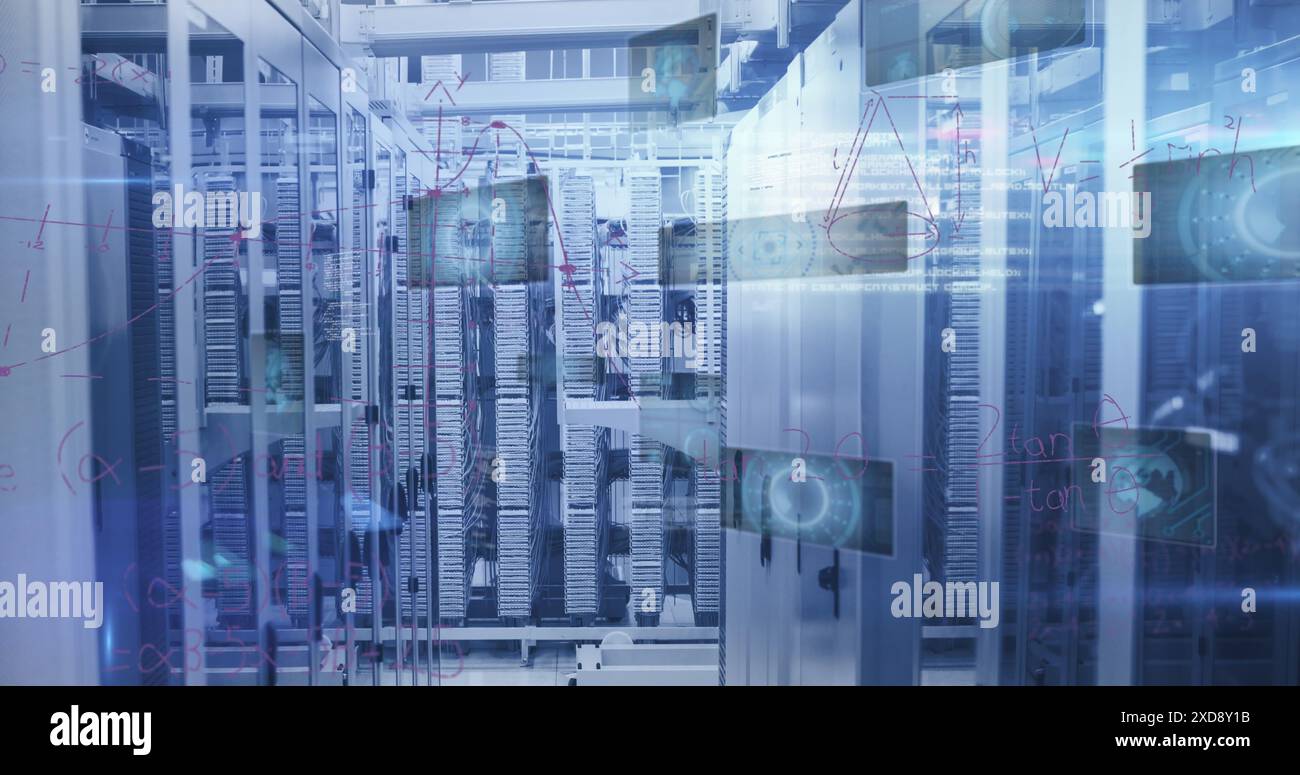 Image of round scanners, data processing and mathematical equations against server room Stock ...