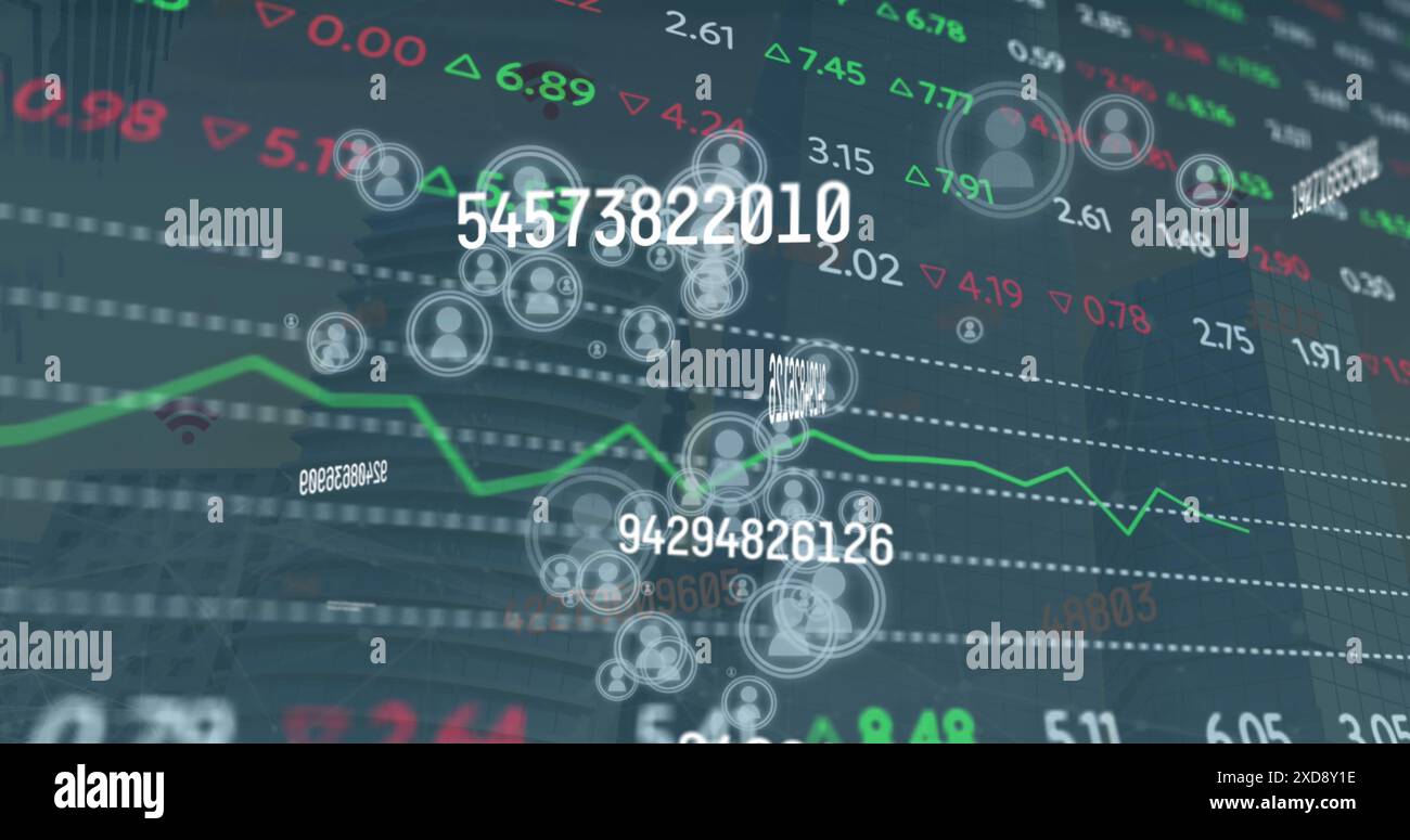 Image of changing numbers, profile icons and stock market data processing against tall buildings ...