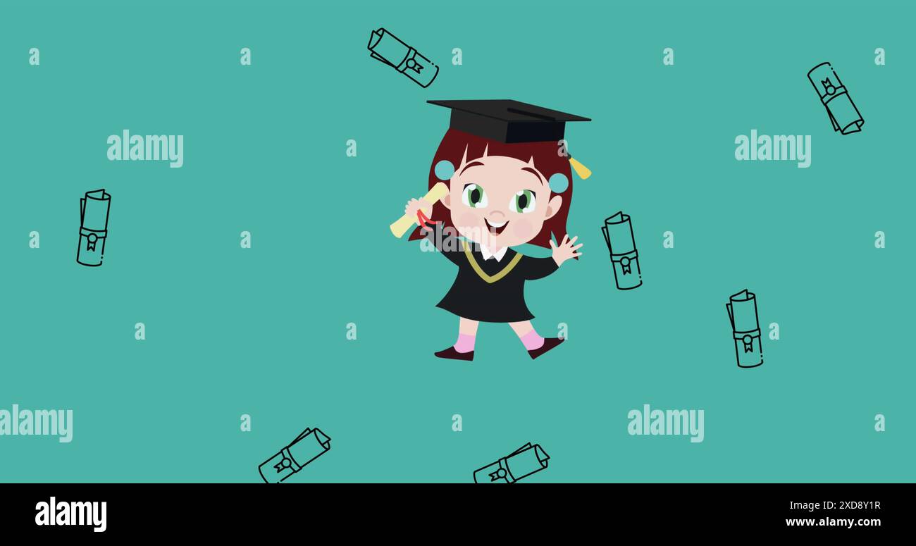 Image of degree icons falling over graduated girl icon against copy ...