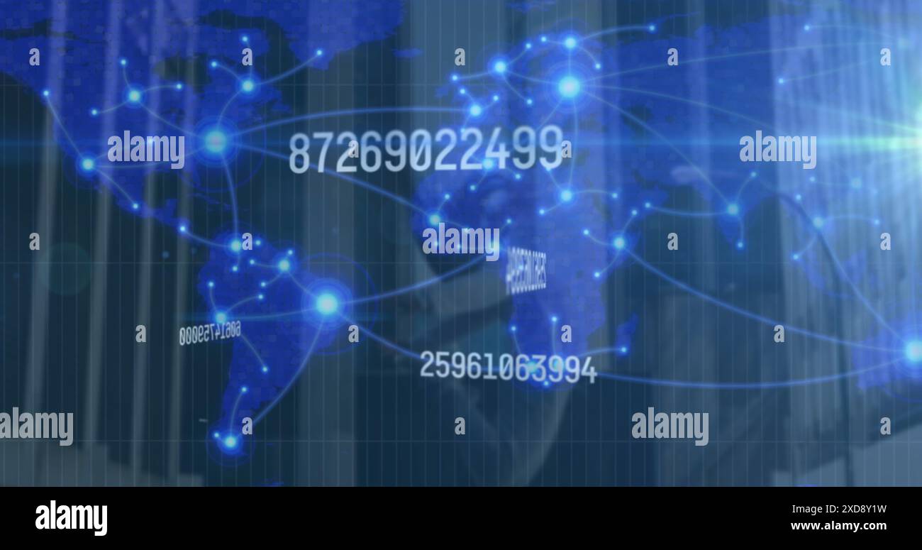 Image of changing numbers and connected dots over map against dancer ...