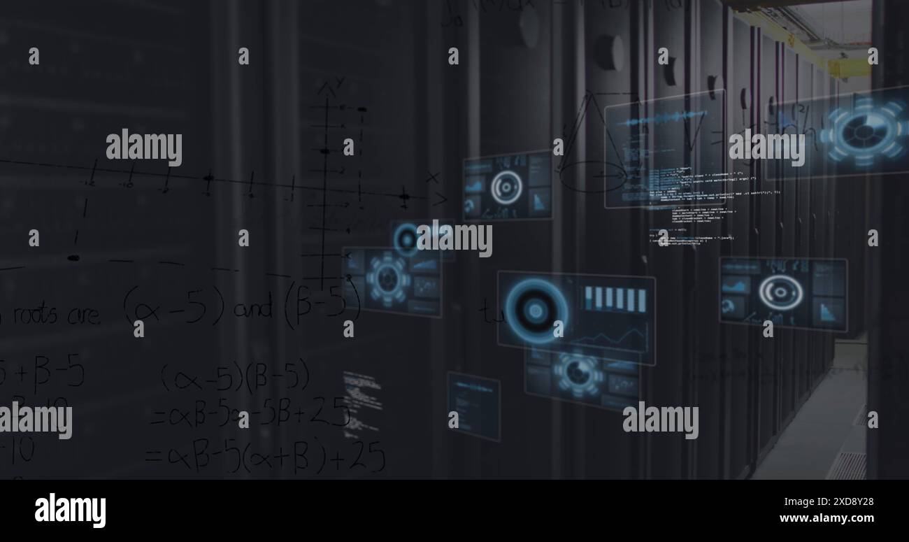 Image of round scanners, data processing and mathematical equations against server room Stock ...