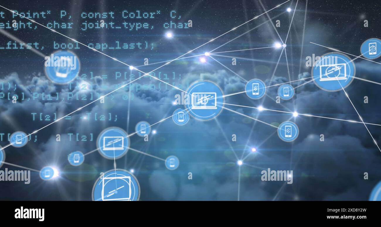 Image of connected icons and illuminated dots over computer language ...