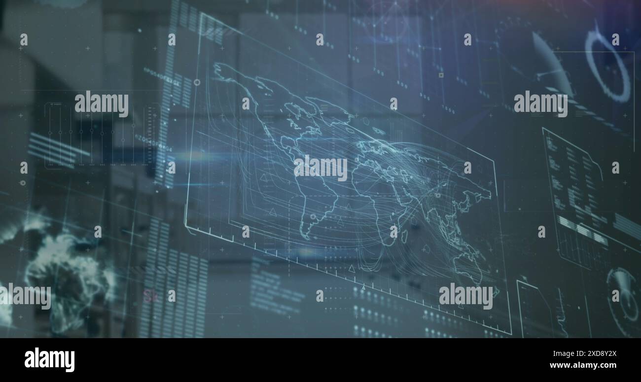 Image of globe, map, loading bars, graphs and computer language over glass window in office ...