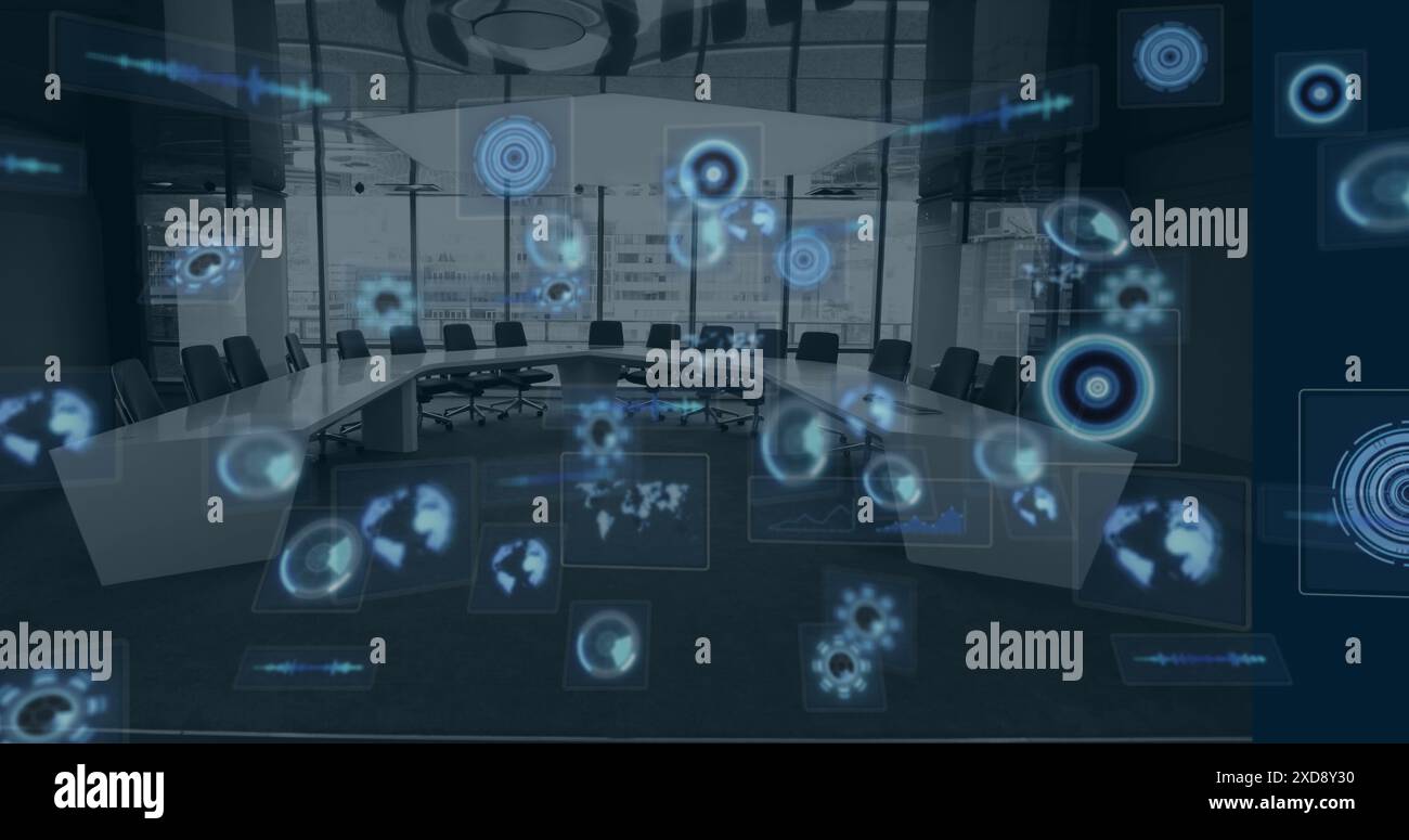 Image of multiple round scanners and data processing against empty office Stock Photo - Alamy