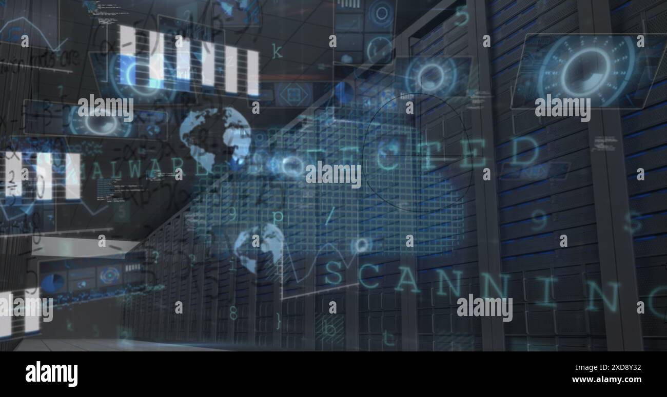 Image Of Cyber Security Data Processing And Mathematical Equations Against Computer Server Room