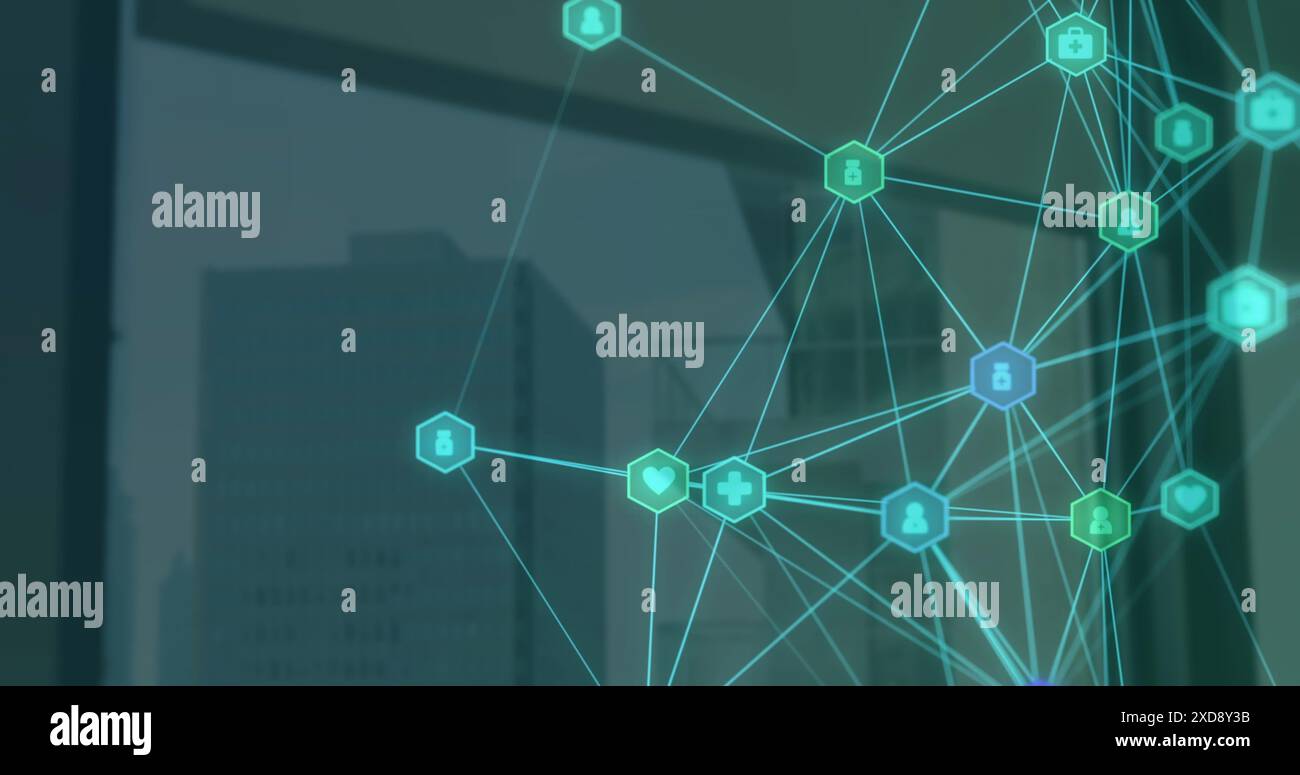 Image of connected icons forming globe over glass windows against ...