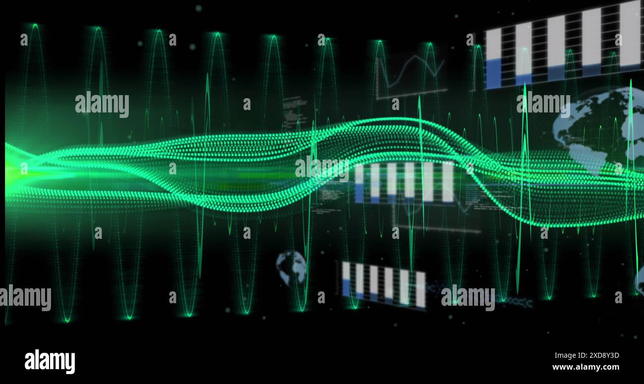 Image of green digital wave and light spot over statistical data ...
