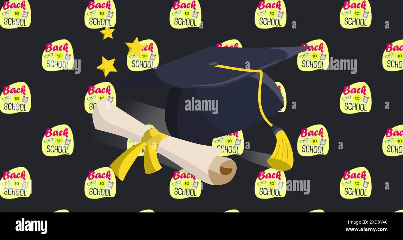 Image of graduation hat, certificate and back to school icons on black ...