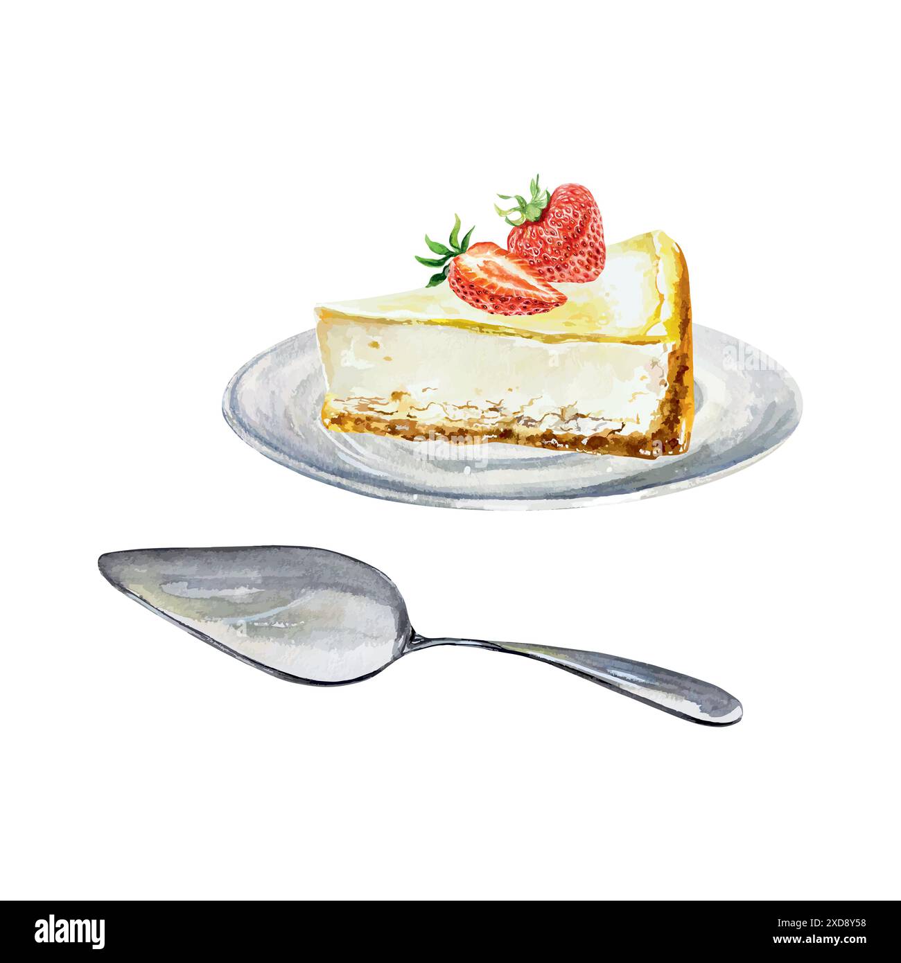 Cheesecake with strawberries on a saucer, pastry spatula. Vector ...
