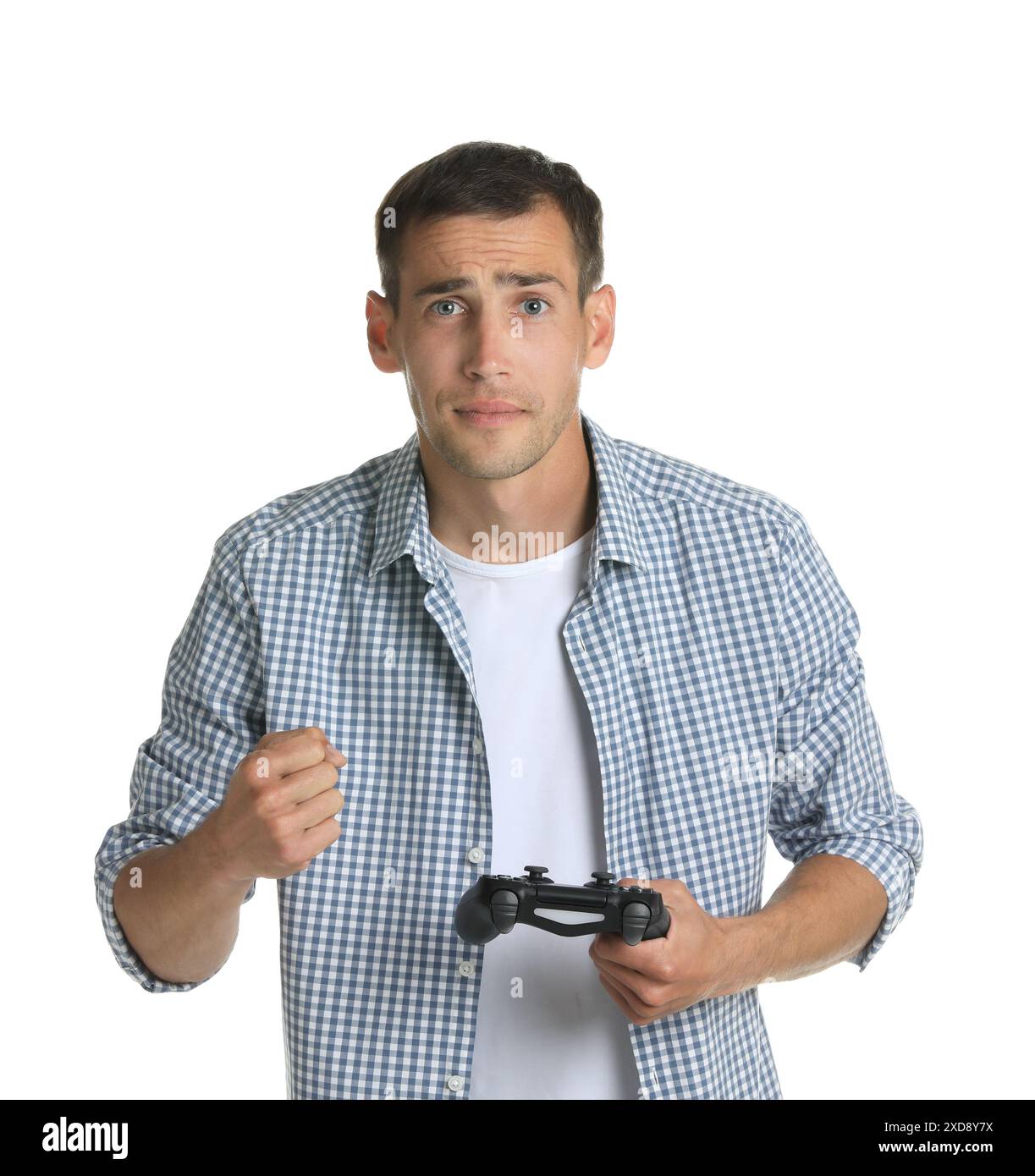 Man in shirt with controller on white background Stock Photo - Alamy