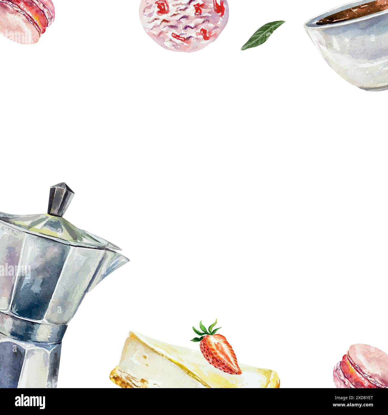 Cakes frame watercolor. Coffee maker, cup, strawberry cheesecake ...