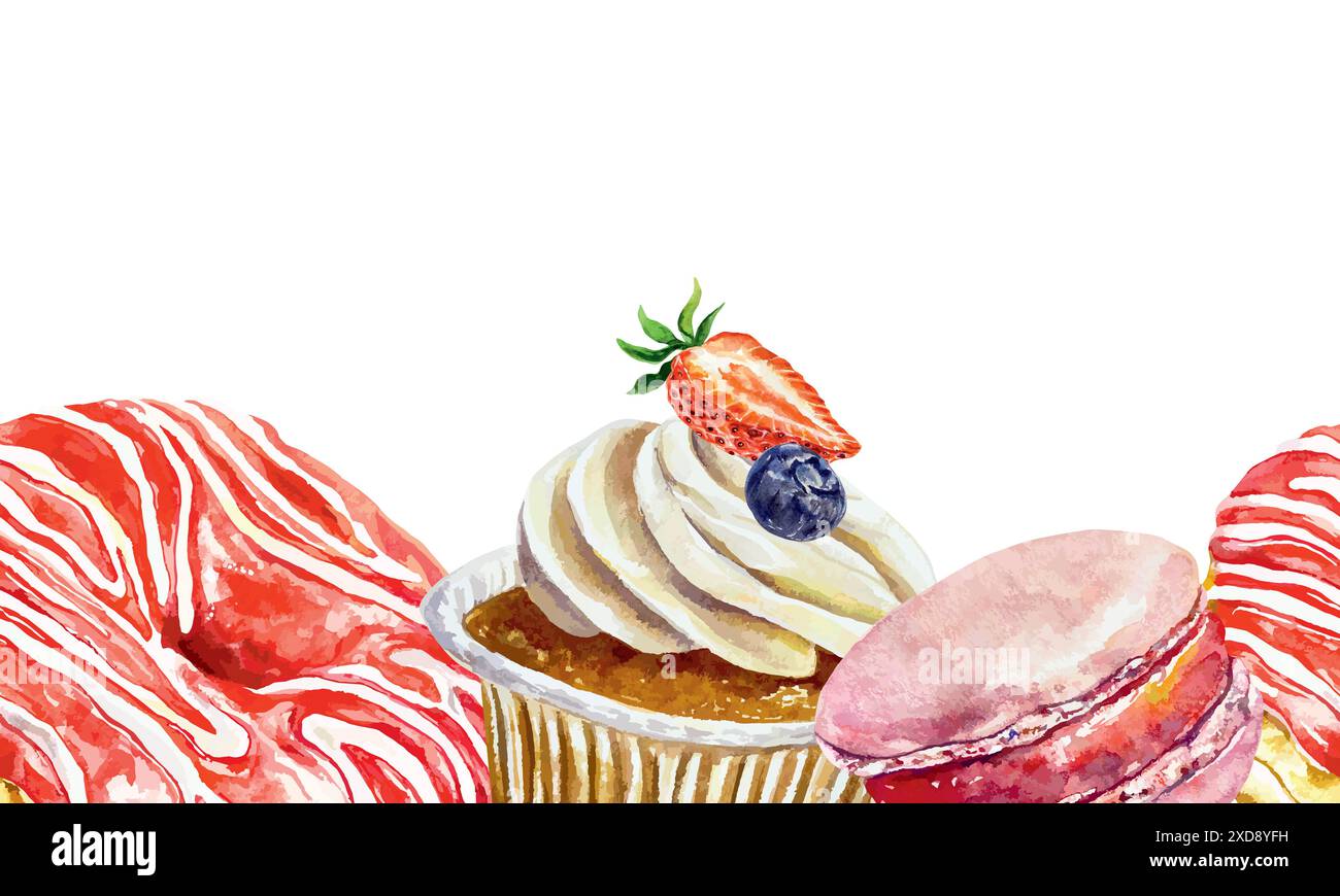 Cakes seamless border, watercolor. Donut, muffin, macaron. Vector ...